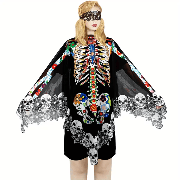 Halloween Skeleton Poncho, Lace Skeleton Halloween Costume Poncho Day ...